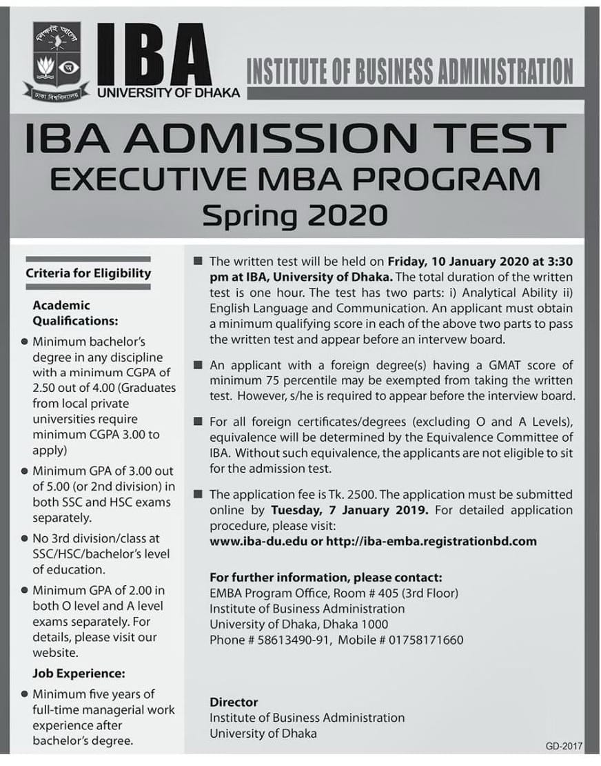 Dhaka University IBA Executive MBA Admission Circular 2025